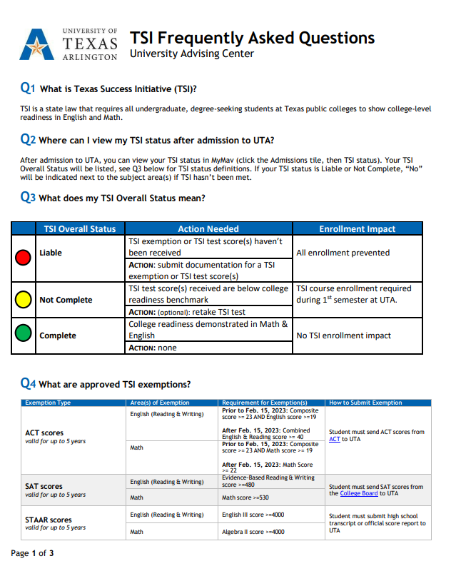 Texas Success Initiative (TSI) - Division of Student Success - The ...